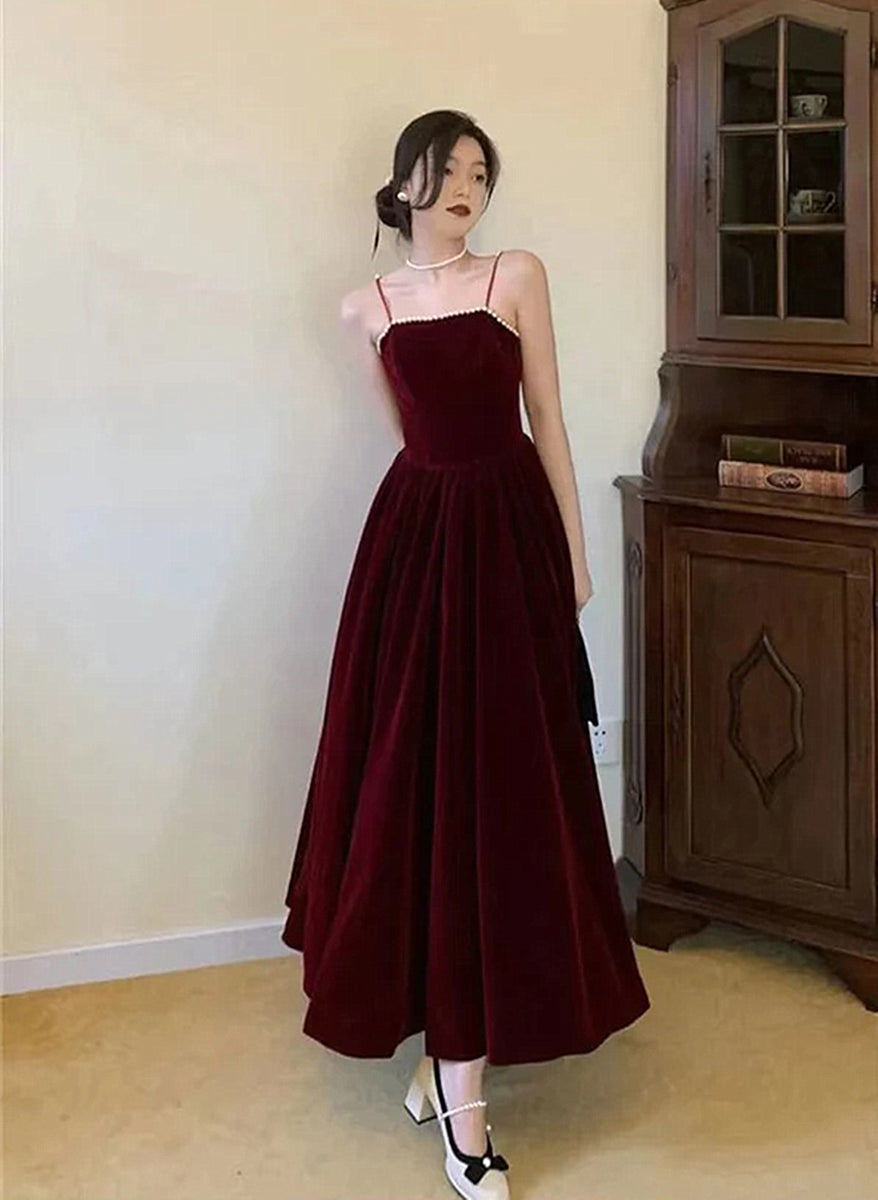 Wine Red Velvet Straps Long Evening Dress, Wine Red Velvet Prom Dress ...