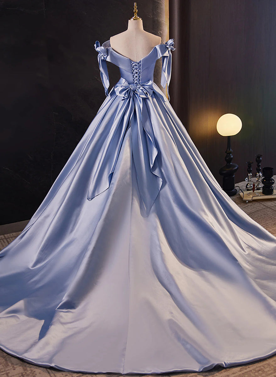Blue Satin Ball Gown Off Shoulder Long Party Dress, Blue Satin Prom Dr ...