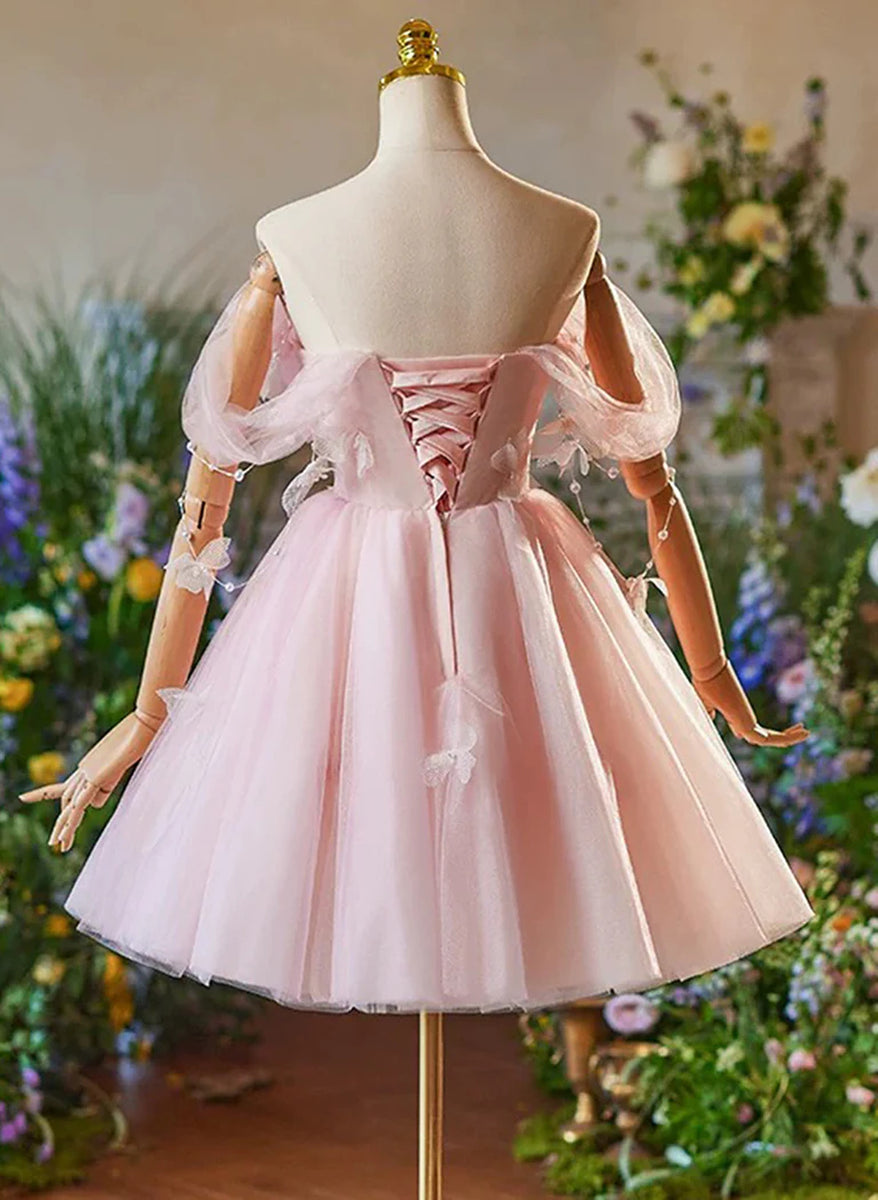Cute Light Pink Off Shoulder Tulle Homecoming Dress, Pink Short Prom D ...