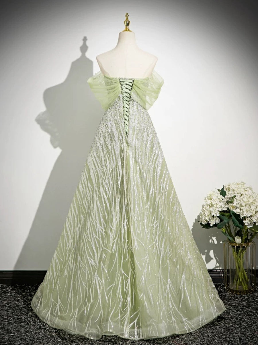 A-line Light Green Tulle Beaded Sweetheart Party Dress, Light Green Lo ...