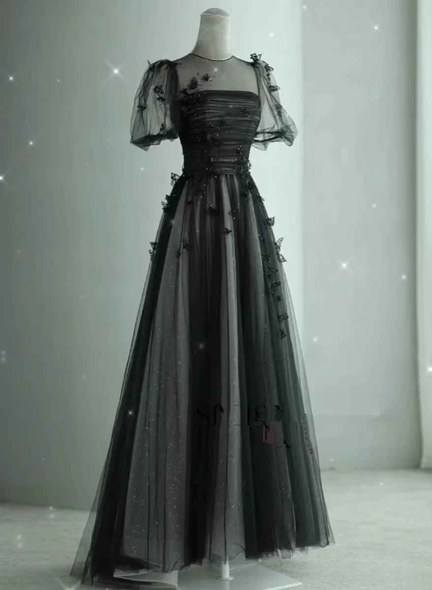 Black Round Neckline Tulle A-line Party Dress, Black Tulle Evning Dres ...