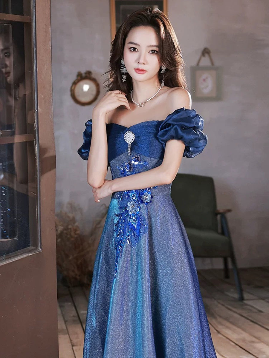 A-line Blue Sweetheart Short Sleeves Party Dress, Blue Long Prom Dress ...
