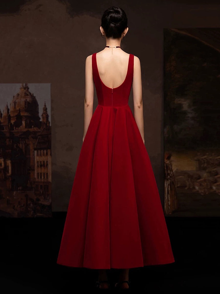 Wine Red Tea Length Sleeves Formal Dress, Wine Red Low Back Spandex Ev ...