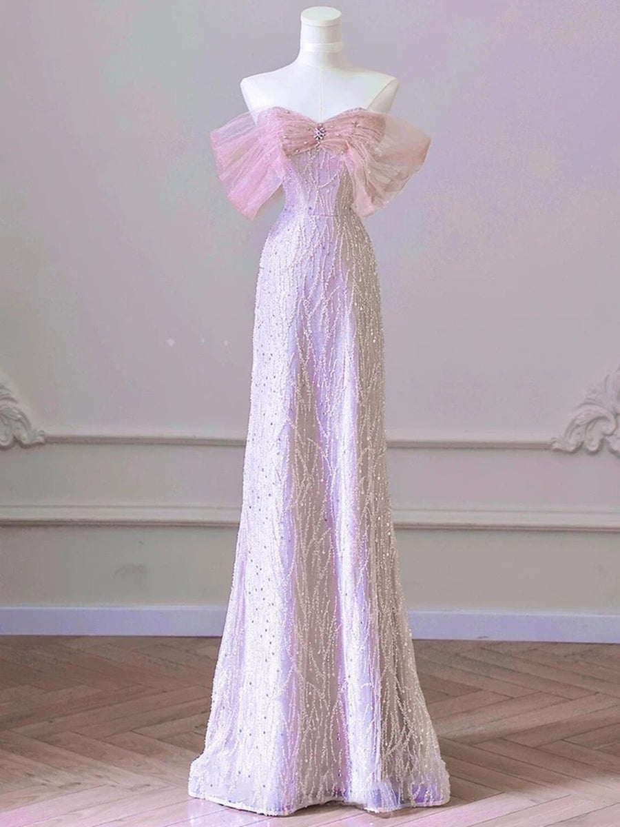 Lovely Pink Sweetheart Tulle Beaded Off Shoulder Party Dress, Pink Tul ...