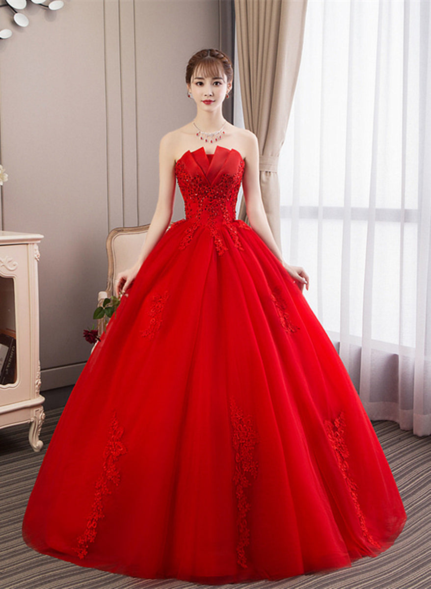 Glam Red Ball Gown Tulle Sweet 16 Dress with Lace, Red Long Formal Dre ...
