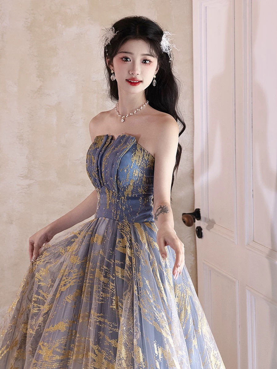A-line Blue Gradient Tulle Scoop Long Party Dress, Blue Tulle Prom Dre ...