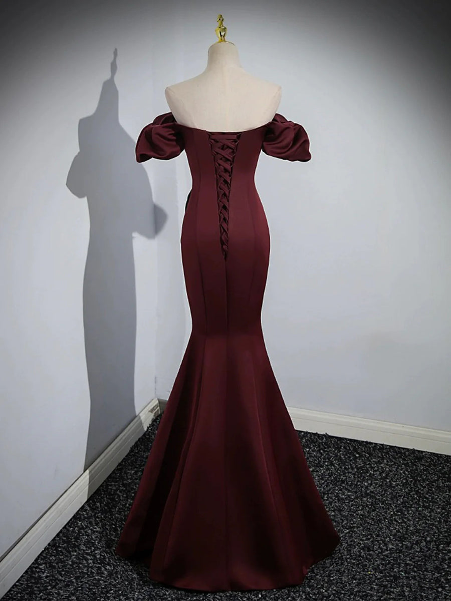 Maroon Satin Mermaid Off Shoulder Prom Dress, Maroon Party Dress ...