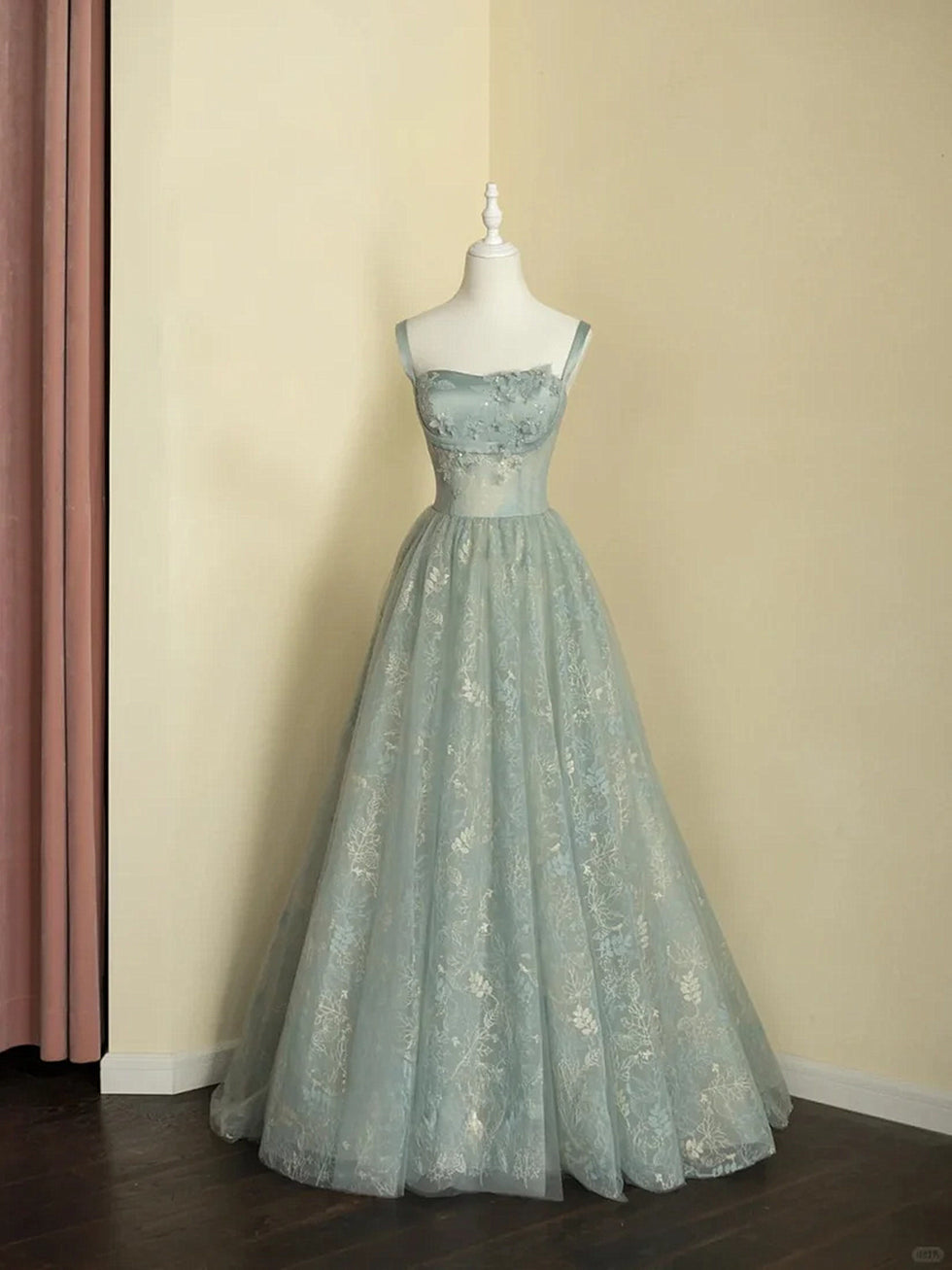 Light Green Straps A-line Tulle with Lace Floor Length Party Dress, Li ...