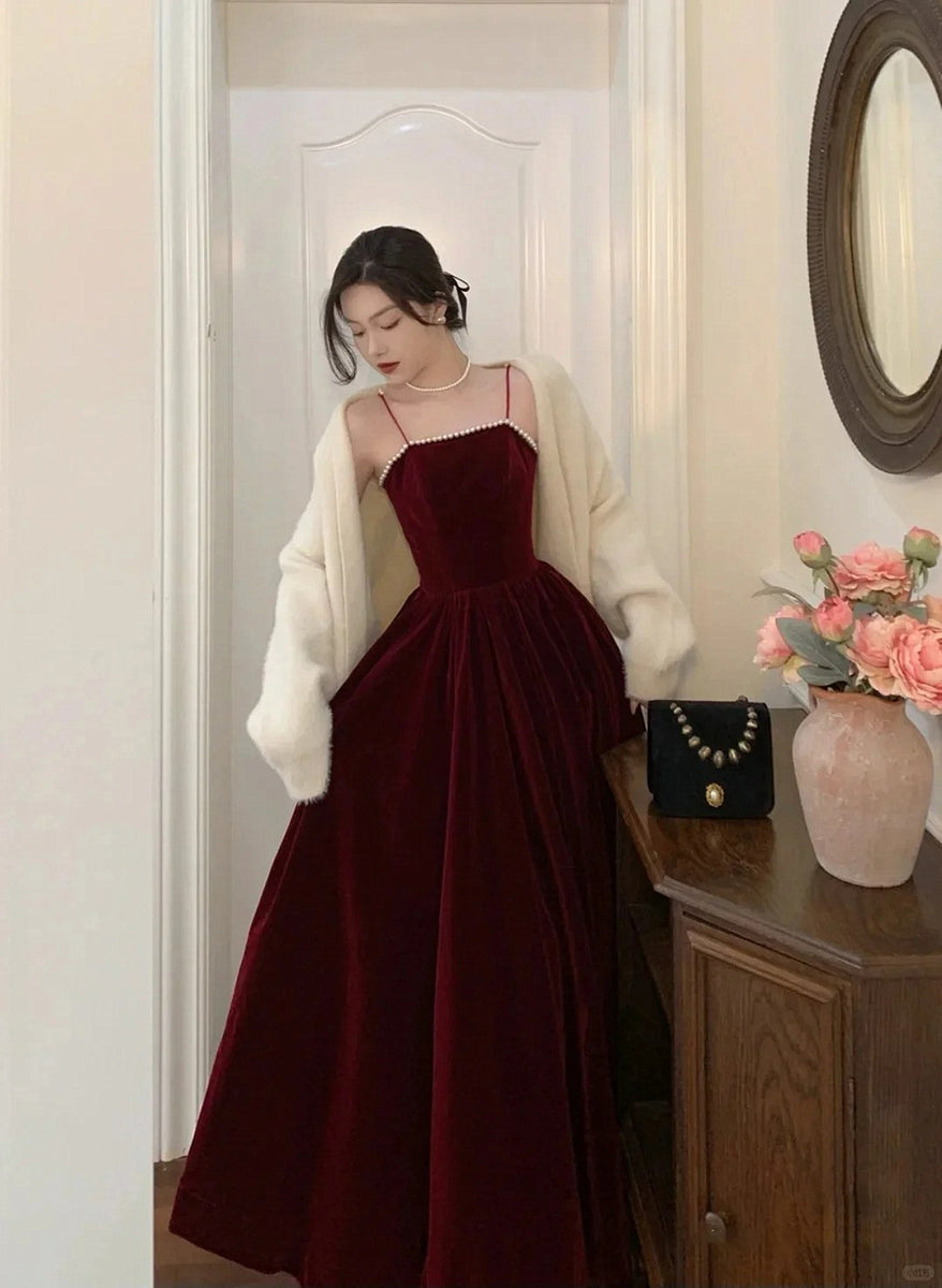 Wine Red Velvet Straps Long Evening Dress, Wine Red Velvet Prom Dress ...
