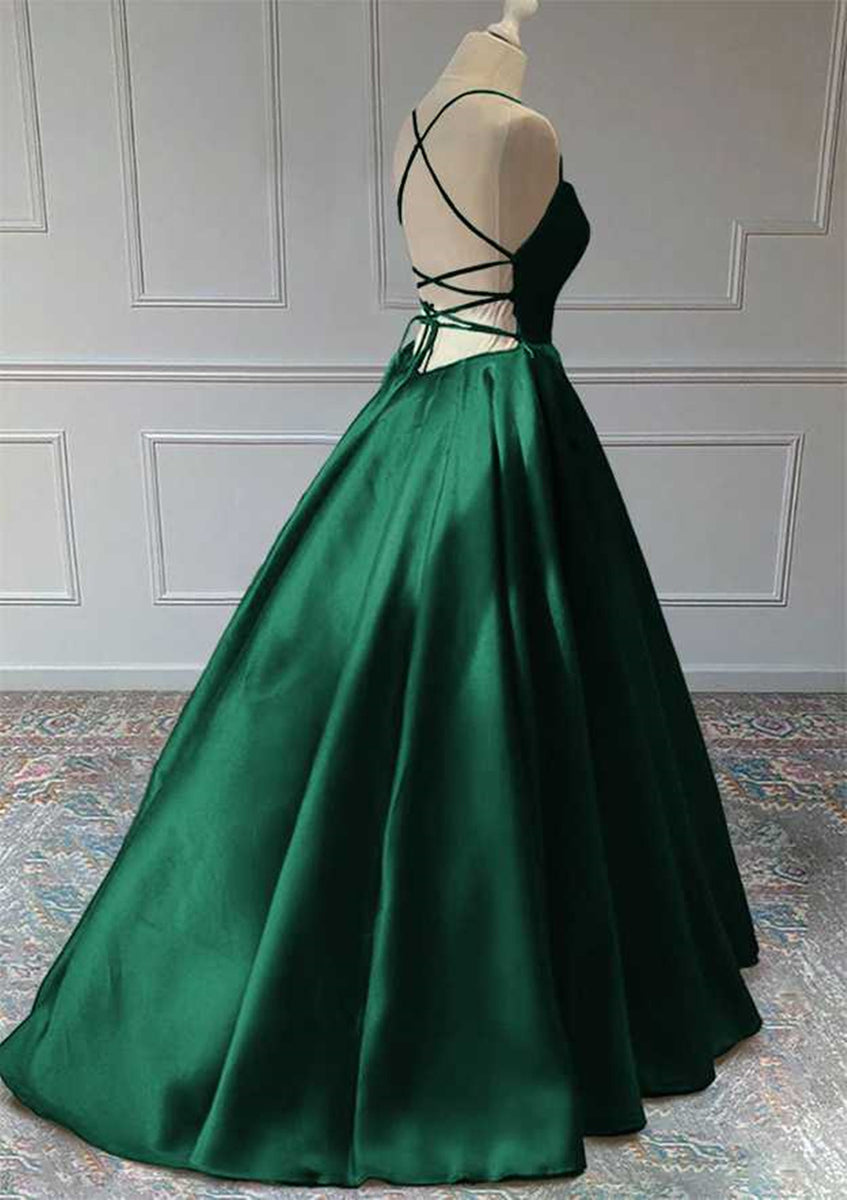 Green Satin Simple Backless Long Party Dress, Green Simple Evening Dre ...