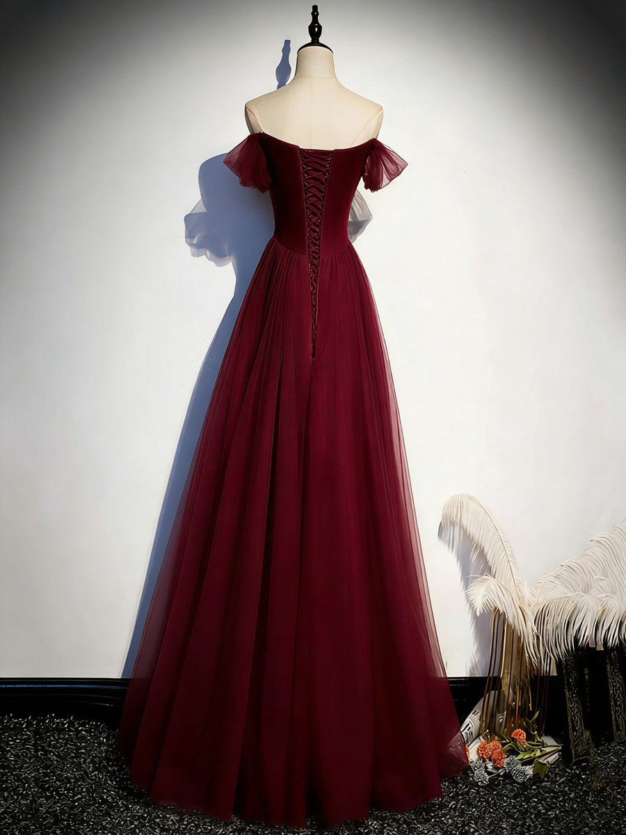 Wine Red Beaded Tulle A-line Prom Dress, Wine Red Off Shoulder Party D ...