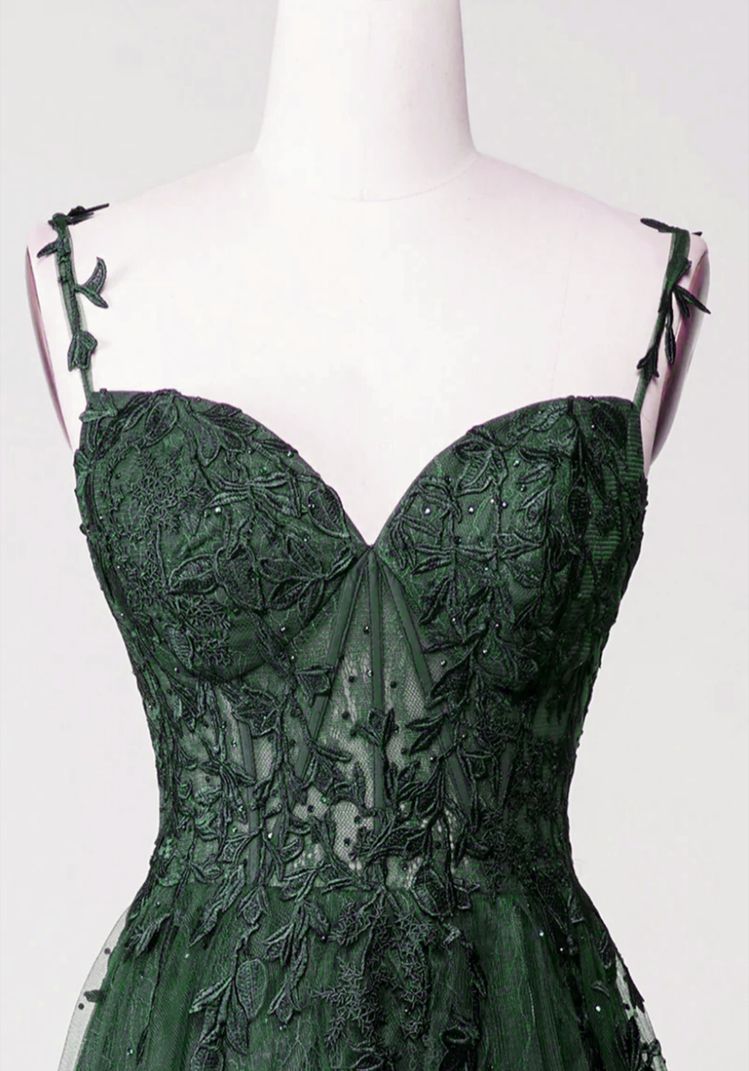 Chic Green Straps Tulle with Lace Party Dress, A-line Sweetheart Floor ...