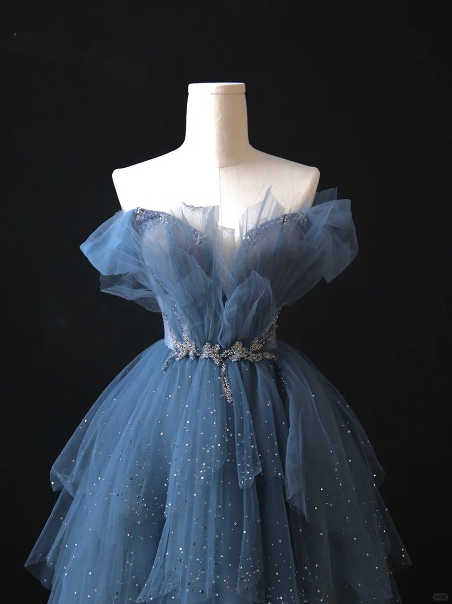 Glam Blue Layers Beaded Off Shoulder Prom Dress, Blue Tulle Long Eveni ...
