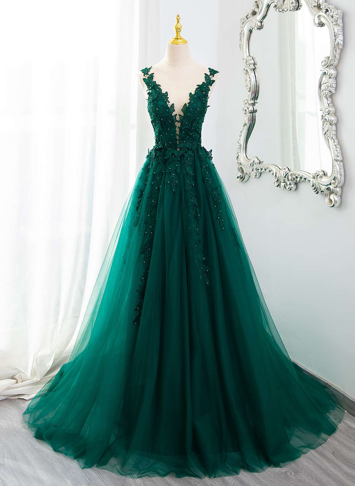 Dark Green V-neckline Lace Long Beaded Prom Dress, Dark Green Party Dr ...