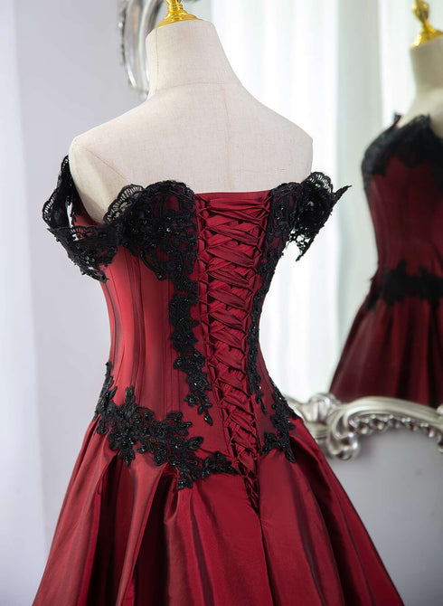 Elegant Off Shoulder Wine Red Prom Dress with Black Lace, Wine Red Eve ...
