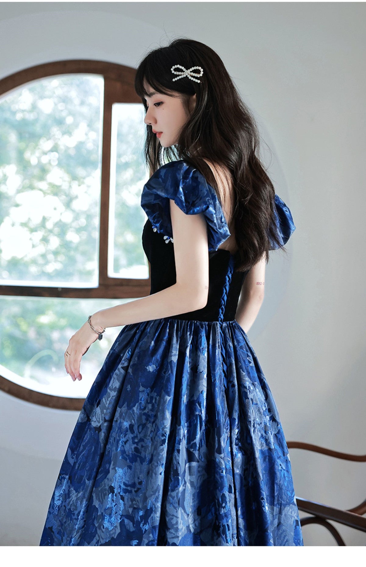 Blue Floral Satin Sweetheart Floor Length Party Dress, Blue Satin Even ...