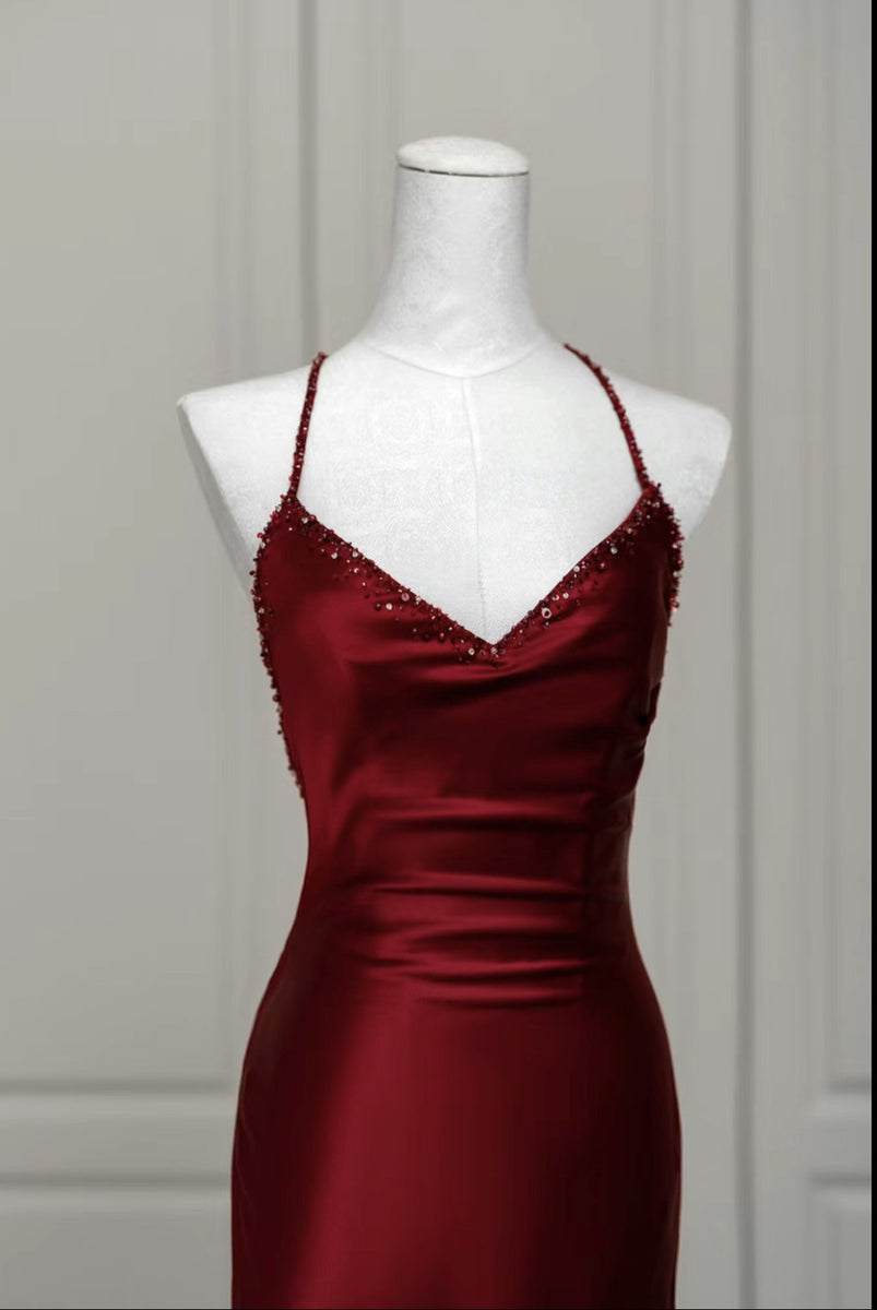 Wine Red Satin Mermaid Straps Low Back Prom Dress, Wine Red Evening Dr ...