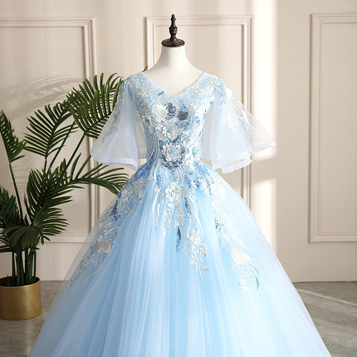Light Blue Ball Gown V-neckline Puffy Sleeves Party Dress, Light Blue ...