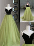 Light Green and Black Beaded Straps Long Party Dress, Green Tulle Even ...