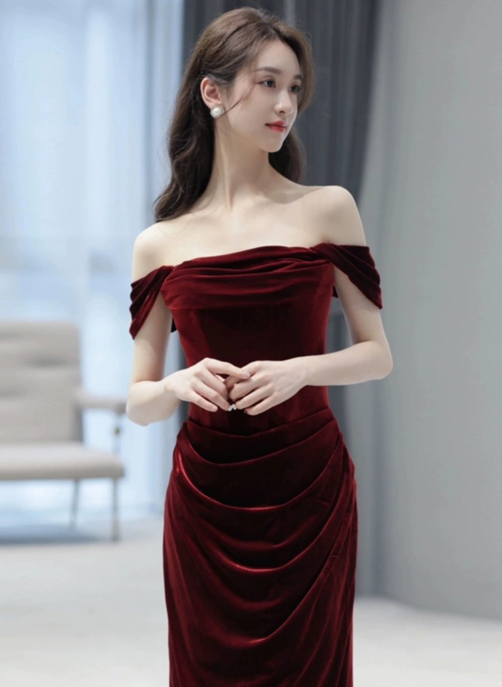 Wine Red Off Shoulder Scoop Long Party Dress, Wine Red Velvet Prom Dre ...