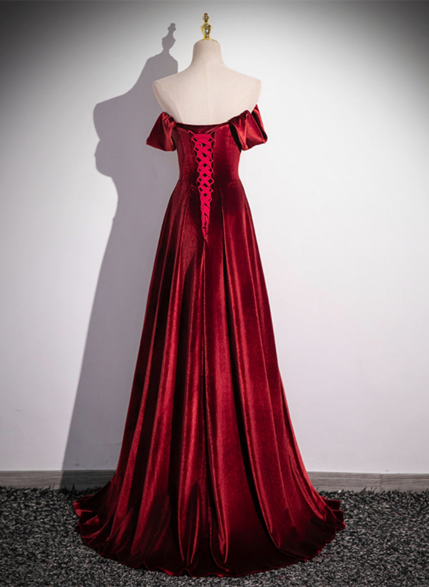 Wine Red Velvet Floor Length Long Formal Dress, A-line Velvet Bridesma ...