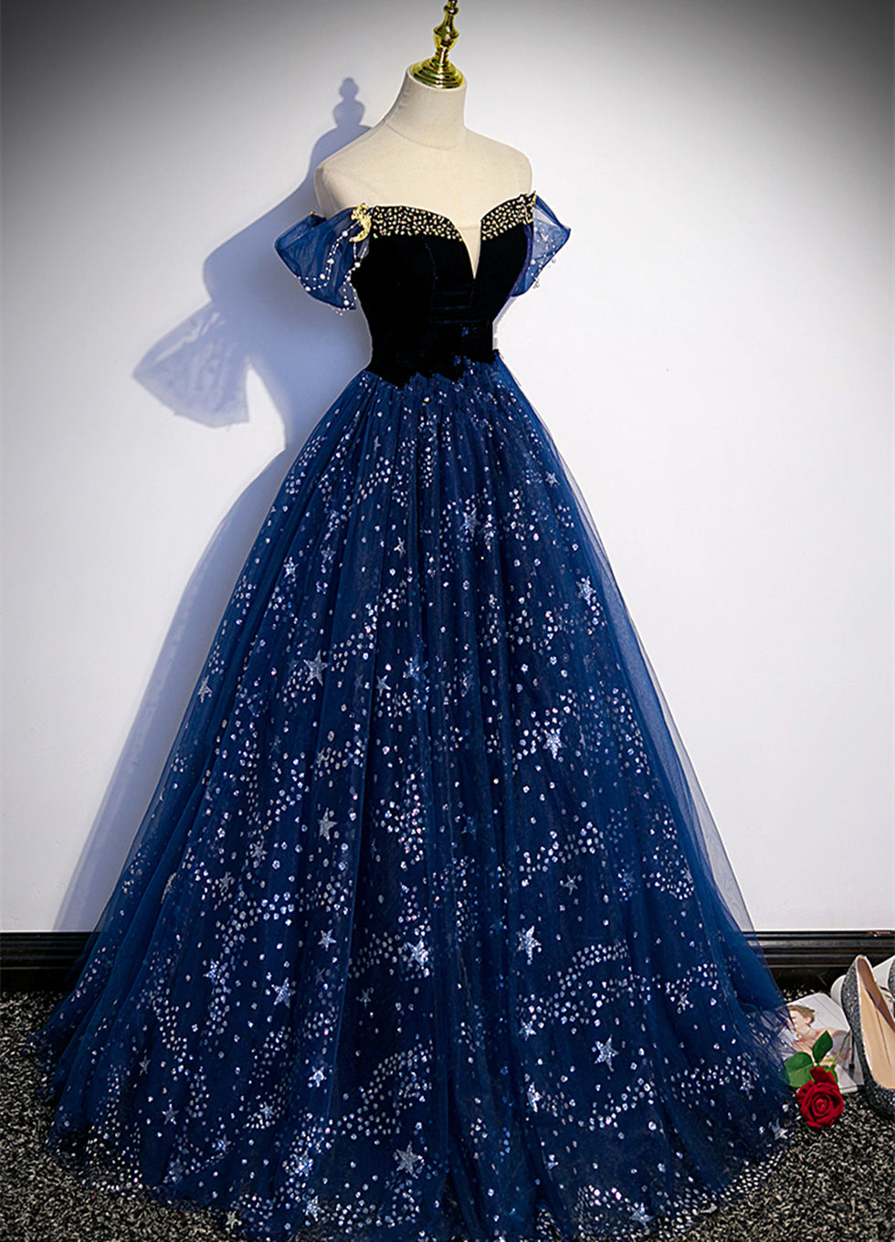 Navy Blue Tulle Off Shoulder Beaded Long Party Dress, Navy Blue Tulle ...