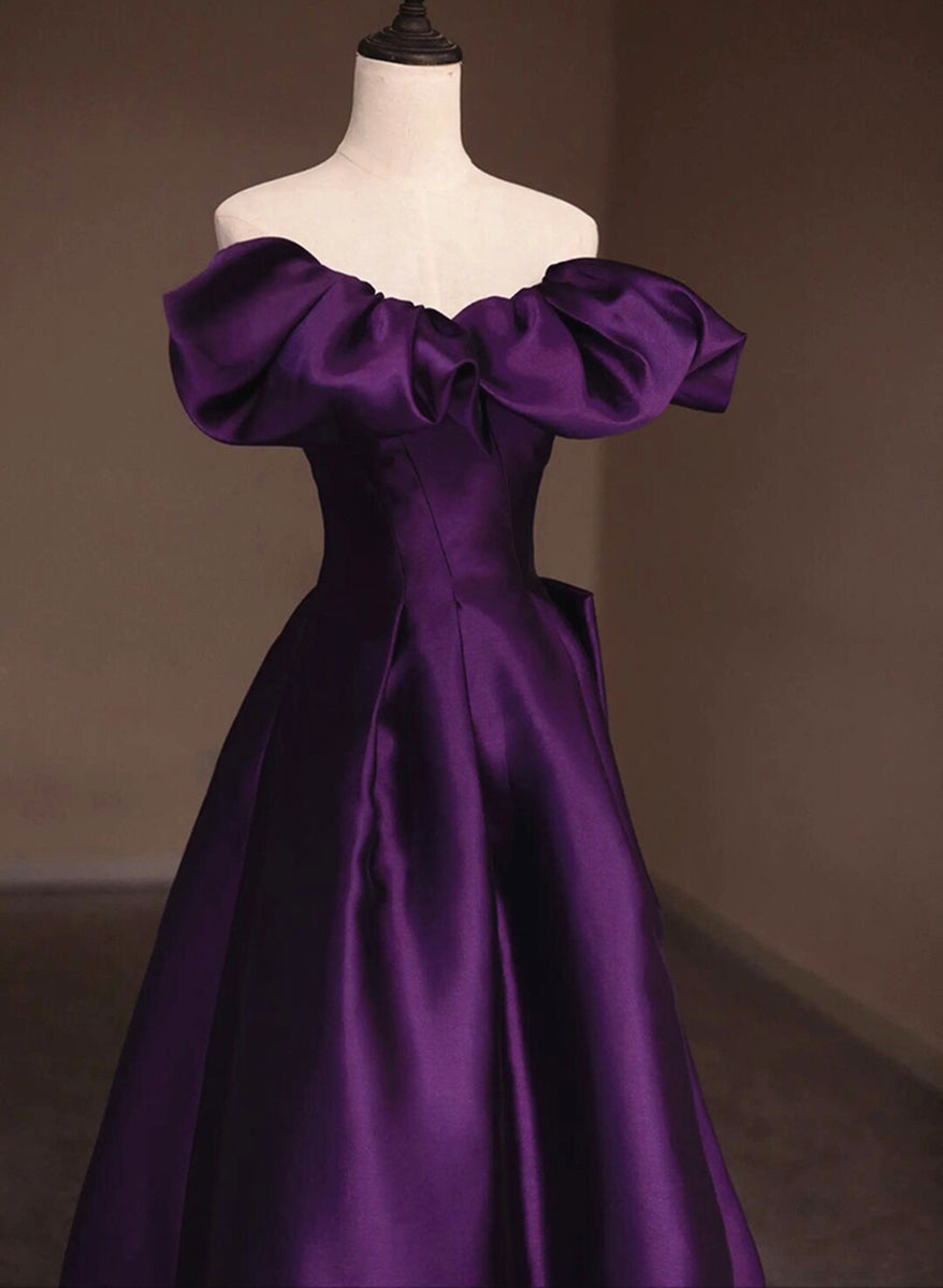 Purple Satin A-line Off Shoulder Long Evening Dress, Purple Satin Prom ...