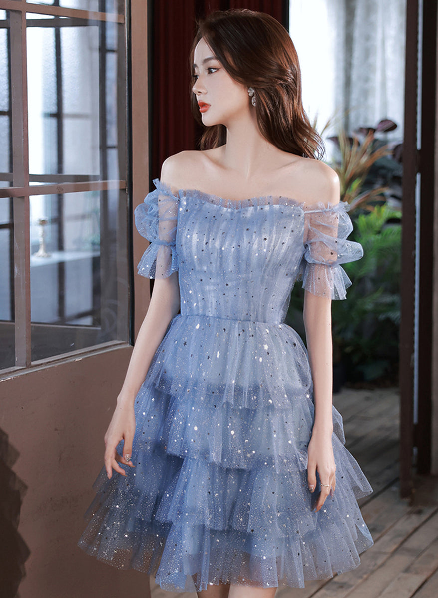 Blue Short Layers Tulle Formal Dress, Blue Off Shoulder Homecoming Dre ...