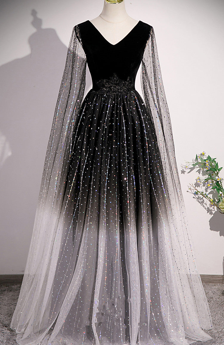 Black Shiny Tulle Gradient Tulle V-neckline Party Dress, Black Tulle P ...