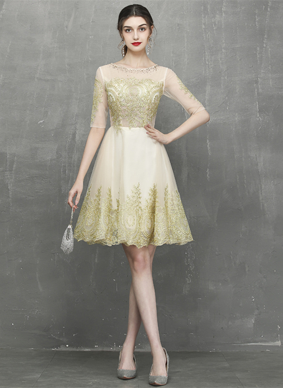 Champagne Knee Length Tulle with Lace Party Dress, Short Homecoming Dr ...