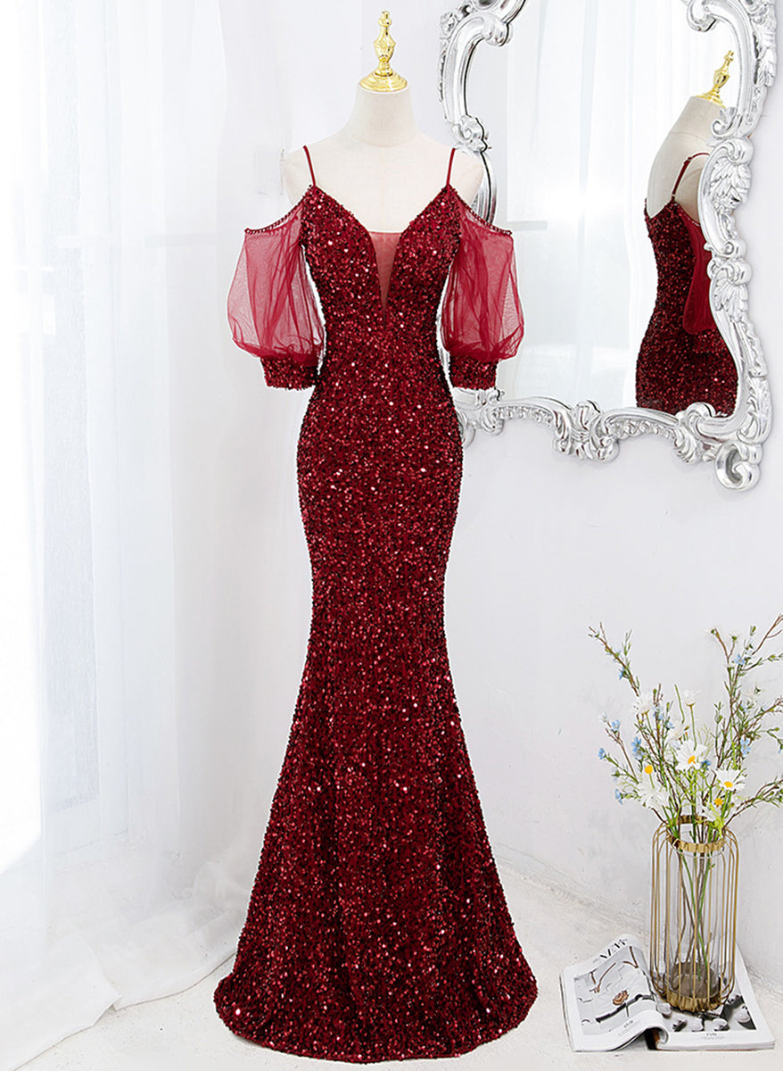 Wine Red Velvet Mermaid Long Party Dress, Wine Red Vekvet Prom Dress ...