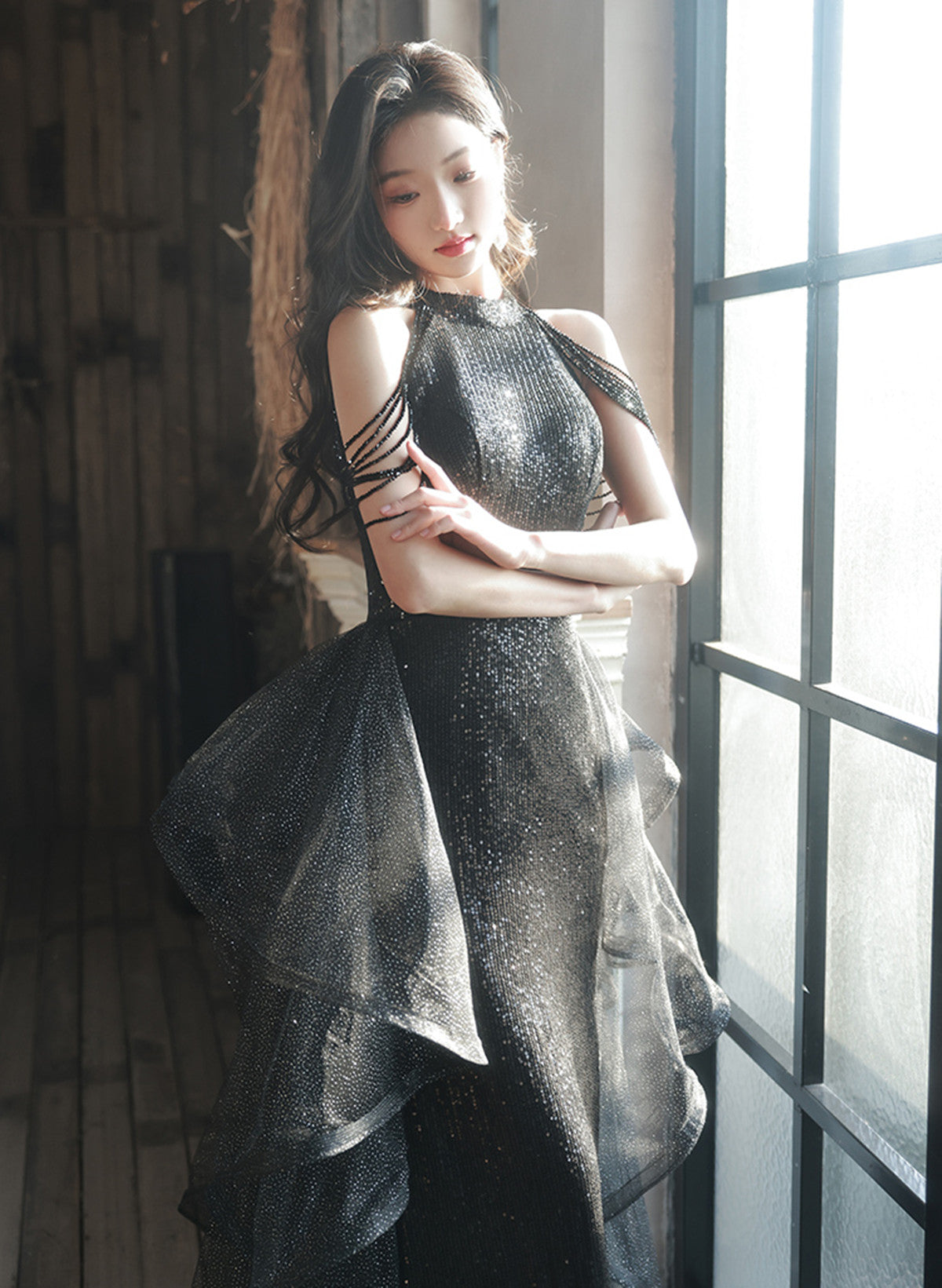 Black Halter Sequins and Tulle Long Party Dress, Black Chic Party Dres ...