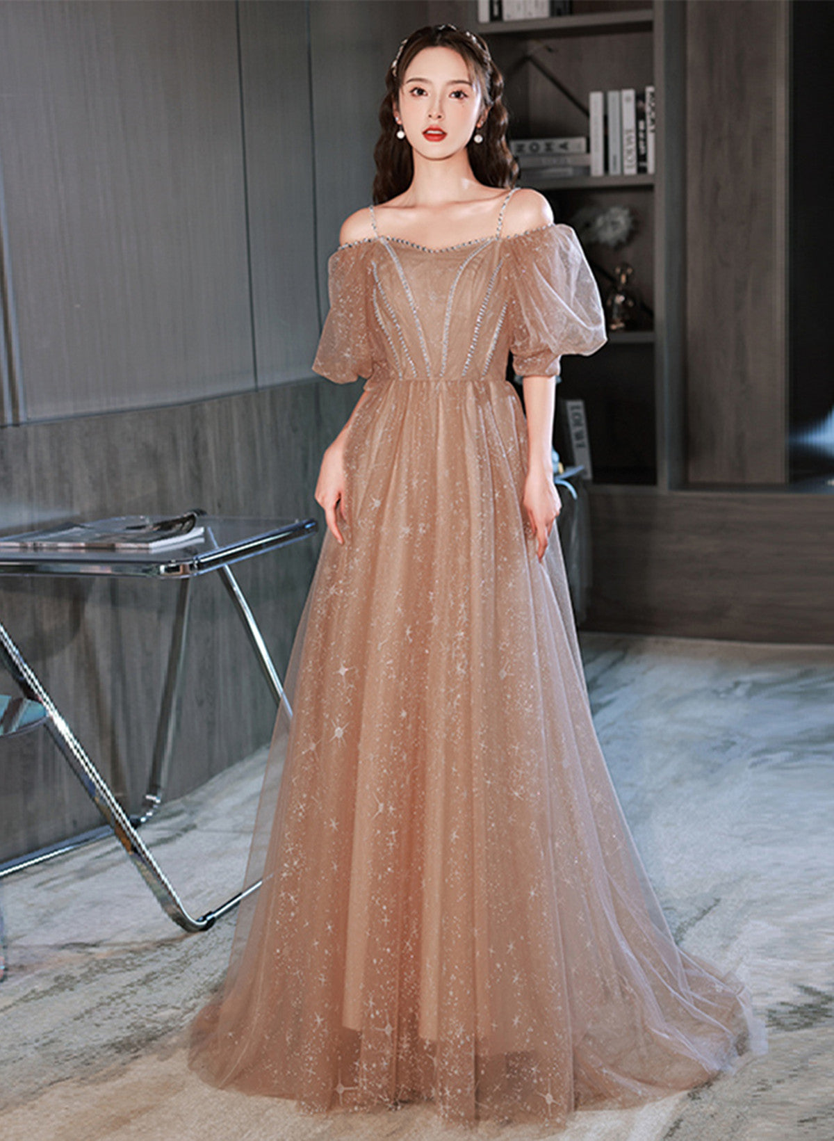 A-line Champagne Tulle Off Shoulder Long Party Dress, Champagne Formal ...