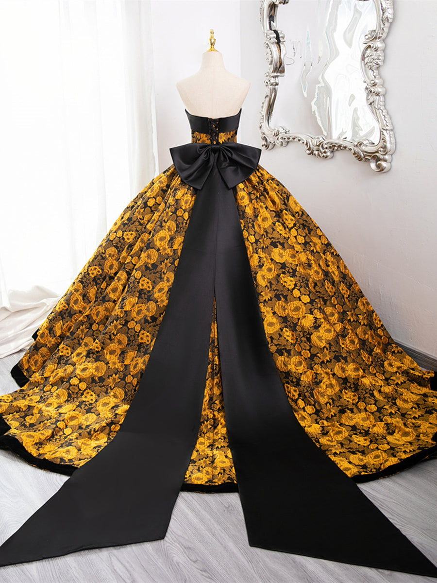 Gold Floral Satin Scoop Ball Gown Prom Dress with Bow, Gold Satin Part ...