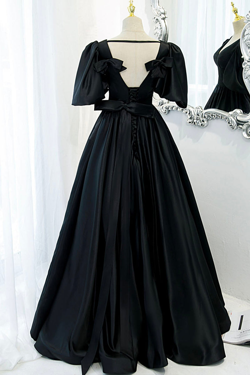 Black Satin Deep V-neckline Long Formal Dress, Black Evening Dress Pro ...
