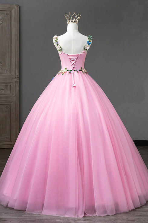 Pink Straps Tulle Sweetheart Ball Gown with Flowers, Pink Formal Dress ...