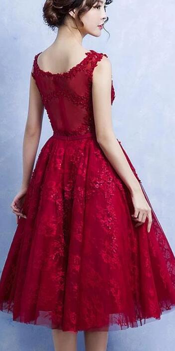Elegant Tea Length Wine Red Homecoming Dress, Lace Party Dress ...