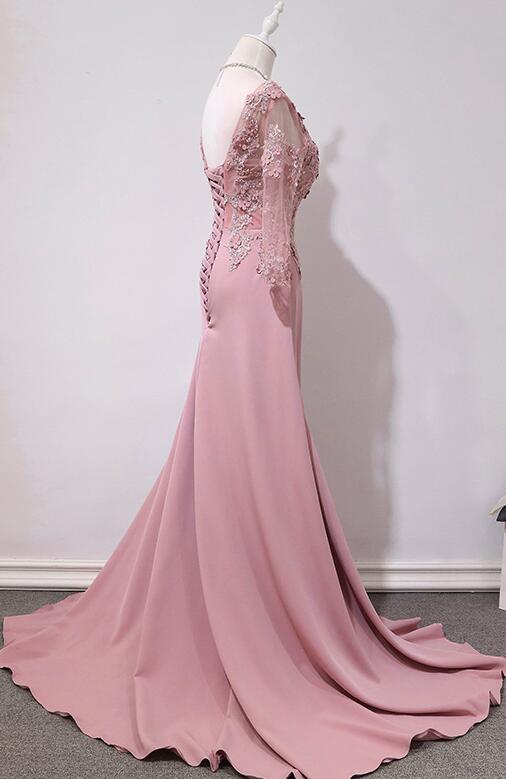 Elegant Pink Long Sleeves Lace Applique Long Party Dress, Pink Prom Dr ...