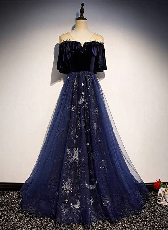 Blue Tulle with Velvet Long Party Dress, A-line Off Shoulder Formal Dr ...