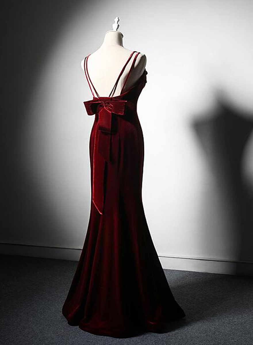 Wine Red Low Back Mermaid Formal Dress, Velvet Straps Long Prom Dress ...