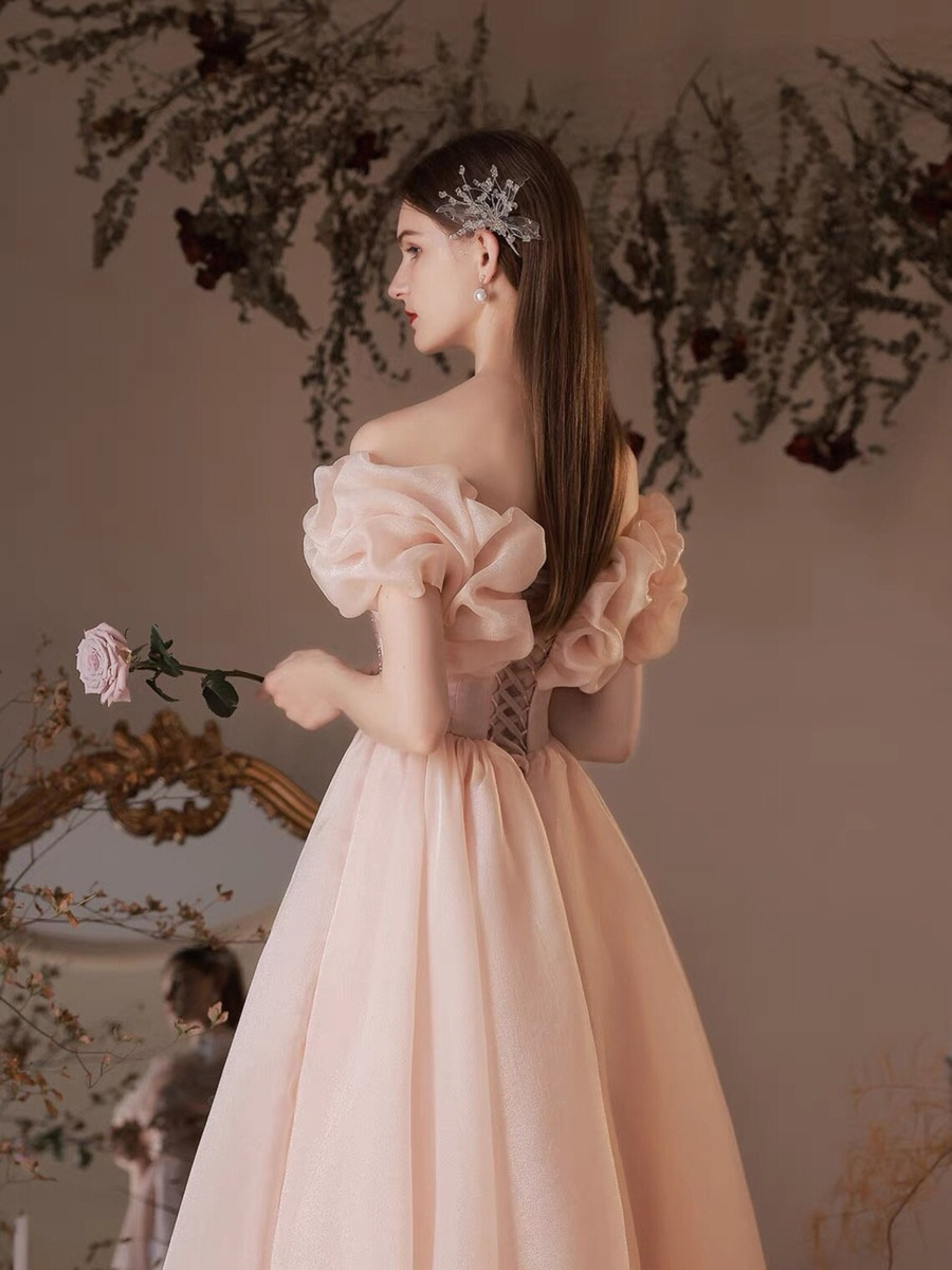 Pink Sweetheart Beaeded Short Sleeves Party Dress, Pink Formal Dress ...