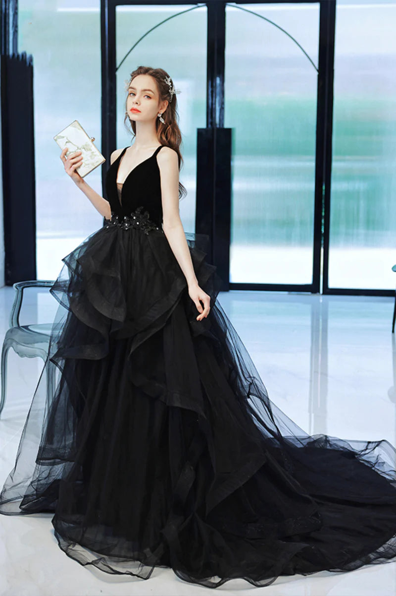 Black Straps V-neckline Tulle Long Party Dress, Black Low Back Prom Dr ...