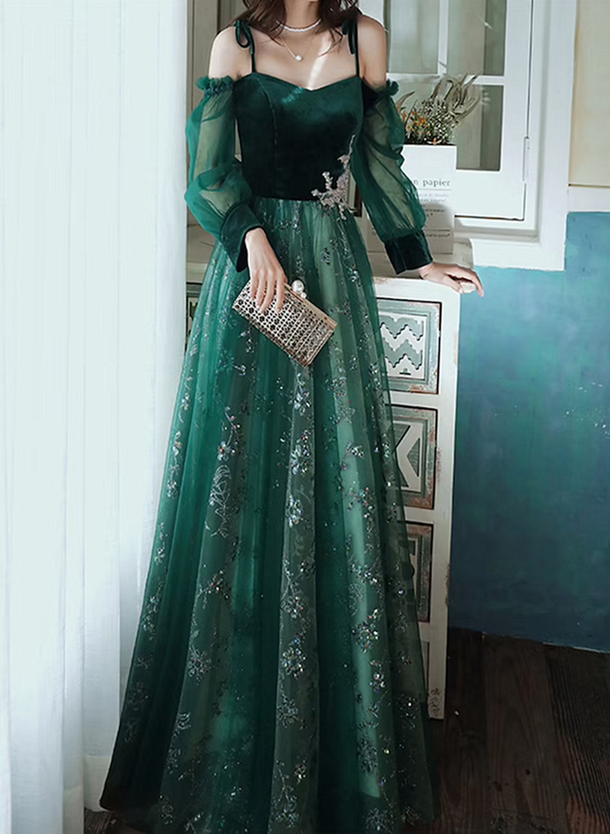 A-line Green Tulle with Lace Long Party Dress, Green Evening Prom Dres ...