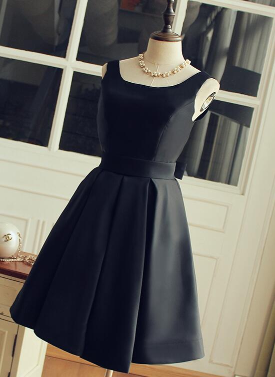 Cute Short Black Satin Knee Length Homecoming Dress, Black Party Dress ...