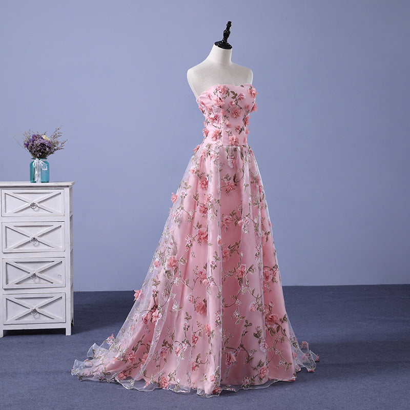 Pink Long A-line Flowers Evening Dress, Pink Party Dress Prom Dress ...