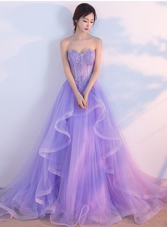 Light Purple Layers Tulle Lace Applique Long Formal Dress, Purple Even ...