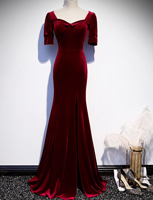 Wine Red Velvet Mermaid Long Evening Party Dresses, Dark Red Velvet Fo ...