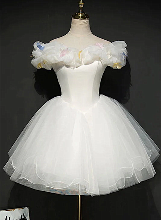 White Tulle Short Off Shoulder Homecoming Dress, White Graduation Dres ...
