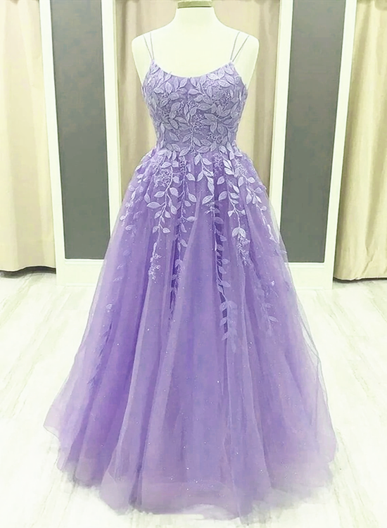 Lavender Spaghetti-Straps Lace Appliques Tulle Floor Length, Lavender ...