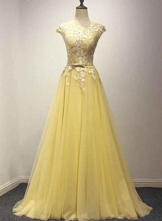Beautiful Yellow Long Prom Dress, A-line Round Neckline Formal Dress ...